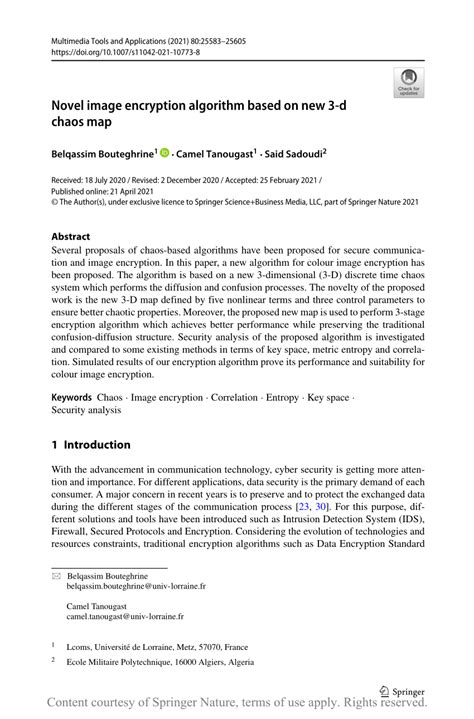 Novel Image Encryption Algorithm Based On New 3 D Chaos Map Request Pdf