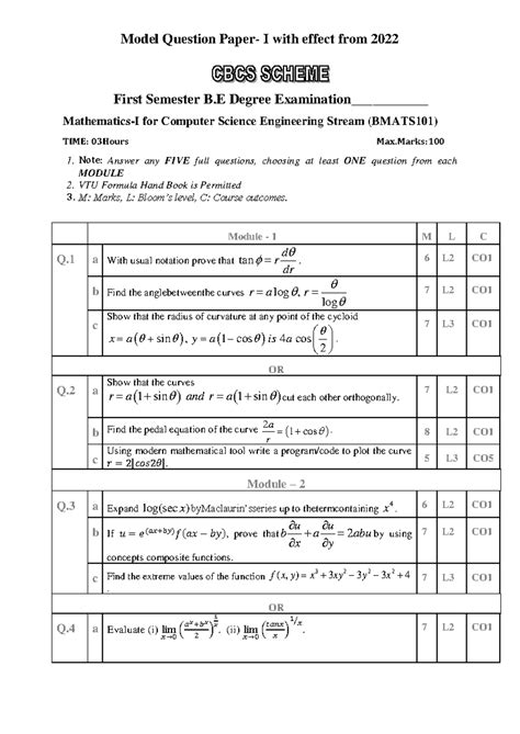 Bmats 101set1 Modle Paper Model Question Paper I With Effect From 2022 First Semester B