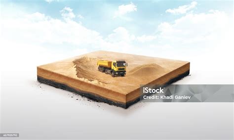 토양 조각의 3d 그림 팁 주는 사람 트럭에 모래 채 석 장에 고립 된 흰색 배경 3차원 형태에 대한 스톡 사진 및 기타 이미지