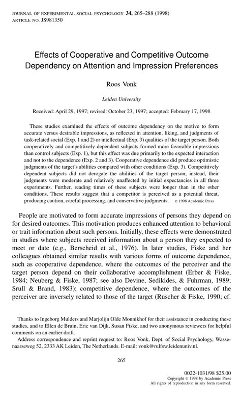 Pdf Effects Of Cooperative And Competitive Outcome Dependency On