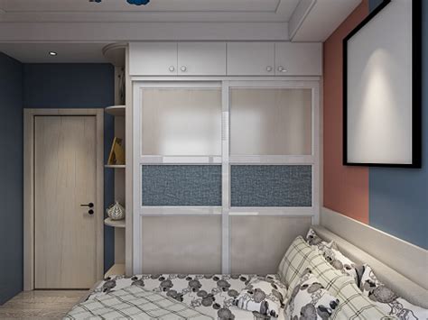 3d Rendering Blue Mediterranean Style Bedroom Design Large Wardrobe