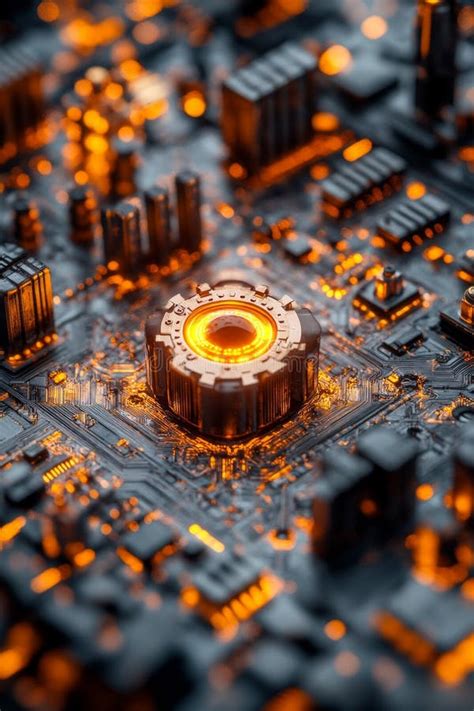 A Close Up View Of A Circuit Board Reveals A Glowing Central Component Surrounded By Intricate