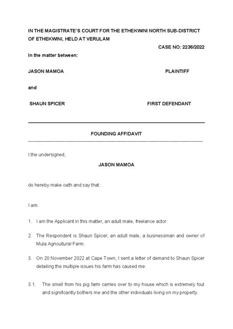Founding Affidavit In The Magistrates Court For The Ethekwini North