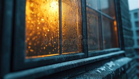 Frosty Windowpane With Condensation Warm Light Inside Cold Air