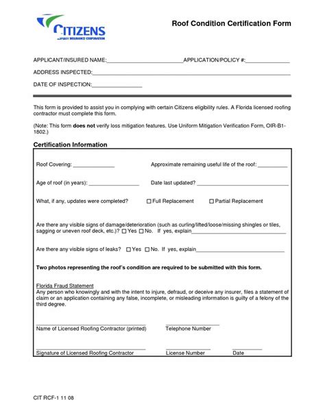 Roof Certification Form Template