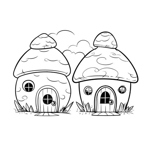 버섯과 집 모양의 미니어처 버섯 집 2개 색칠 페이지 개요 스케치 드로잉 벡터 요정 집 그리기 요정 집 개요 요정 집 스케치 Png 일러스트 및 벡터 에 대한 무료