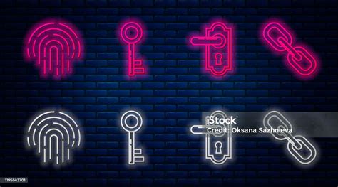 설정 선 키 문 핸들 지문 및 체인 링크 벽돌 벽에 빛나는 네온 아이콘입니다 벡터 가정의 방에 대한 스톡 벡터 아트 및 기타