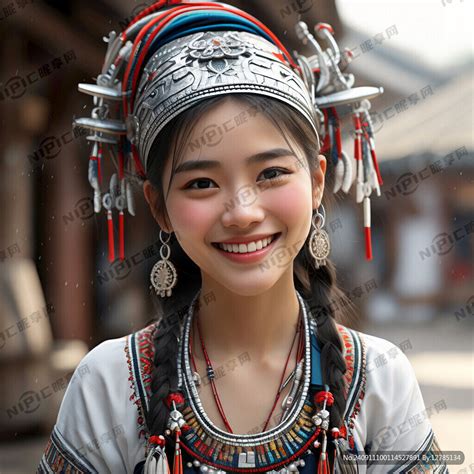 Ai创作图苗族姑娘3d插画 面带微笑 脖子挂银圈 苗族衣服 头戴银饰 本身照 双色效果 白色背景 高质量 渲染 超级细节 最好的质量 超高清 昵图网