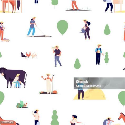 농부 패턴 정원사 팀 농업 또는 수확 시간 배경 말과 소를 가진 마을에 있는 사람들 고립된 심기 캐릭터 벡터 매끄러운 질감