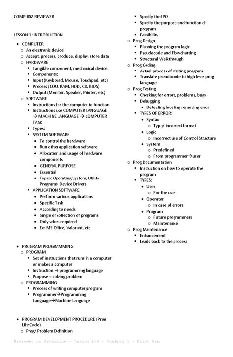 Comp 002 Reviewer Itc And Cp1 Notes Comp 002 Reviewer Lesson 1 Introduction • Computer O An