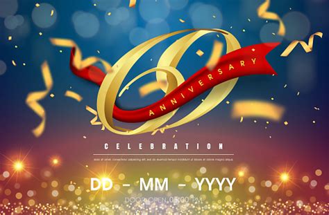 금과 파란색 배경에 69 주년 기념 로고 템플릿 빨간 리본 벡터와 색종이 고립 된 디자인 요소와 황금 번호를 축하 69th 광고에 대한 스톡 벡터 아트 및 기타 이미지