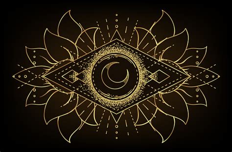 신성한 형상 및 부 기호 세트입니다 조화와 균형의 아유르베다 기호 문신 디자인 요가 로고 포스터 티셔츠 직물 검은 색 위에 다채로운 무지개 그라데이션 0명에 대한 스톡 벡터