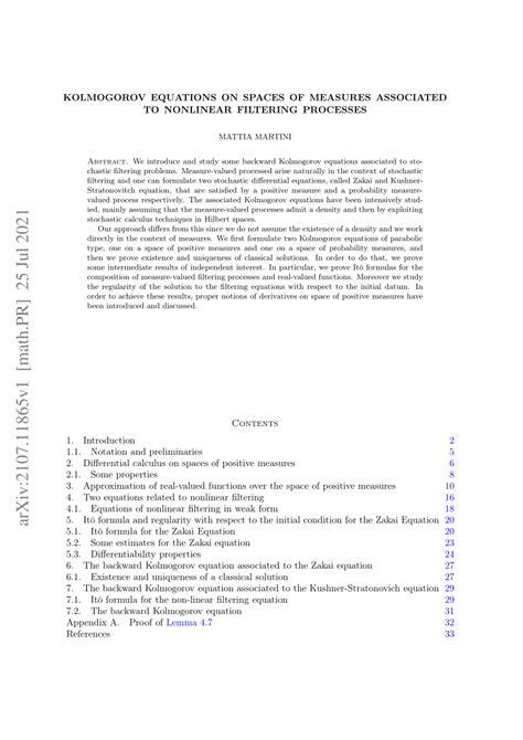 Pdf Kolmogorov Equations On Spaces Of Measures Associated To Nonlinear Filtering Processes