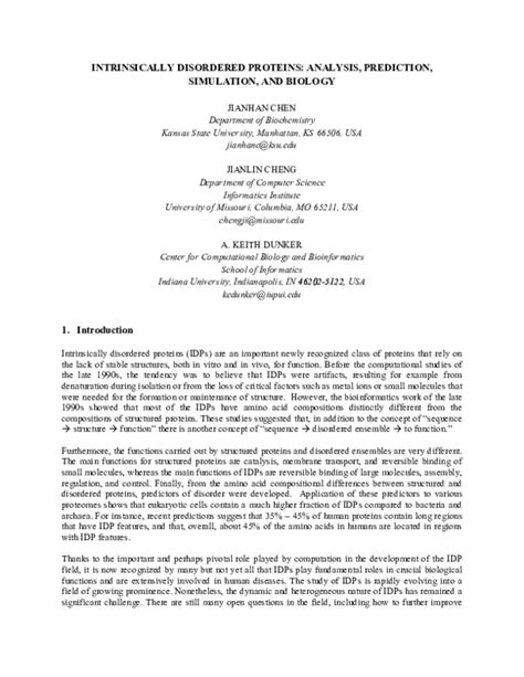Pdf Intrinsically Disordered Proteins Analysis Prediction Simulation And Biology Jianlin