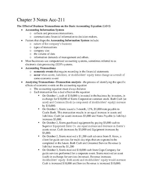 Chapter 3 ACC 211 Notes Chapter 3 Notes Acc The Effect Of Business Transactions On The Basic
