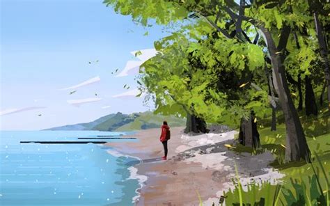 Обои на рабочий стол Девушка с рюкзаком стоит у берега и смотрит на фантастическое небо обои