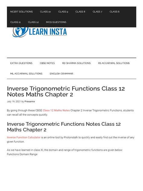 Inverse Trigonometric Functions Class 12 Notes Maths Chapter 2 Pdf