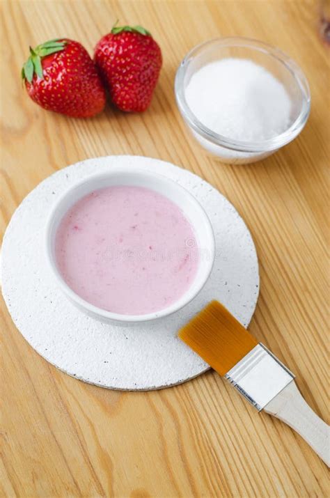Homemade Strawberry And Yogurt Face Or Eye Mask In A Small White Bowl Natural Beauty Treatment