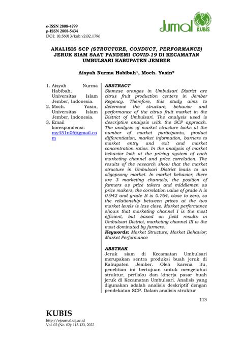 PDF Analisis SCP Structure Conduct Performance Jeruk Siam Saat Pandemi Covid 19 Di