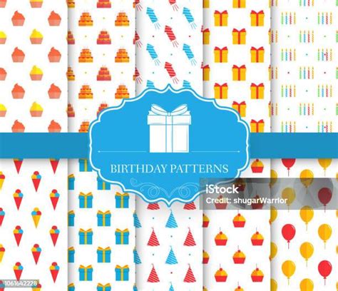행복 한 생일 완벽 한 패턴의 컬렉션 집합입니다 풍선 케이크 선물 장식 아이스크림 레이블 로고 개념 불꽃놀이 인사말 카드 또는 초대장 디자인 벡터 추상 템플릿 공휴일에 대한