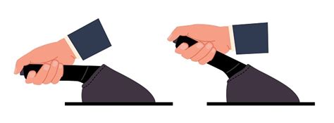 핸드 프레스 핸드 브레이크를 해제합니다 자동차 주차 브레이크 레버 그래픽 정지 아이콘 요소 자동차 제어 운전석 흰색 배경 벡터 개념에 격리된 만화 플랫 스타일 비상