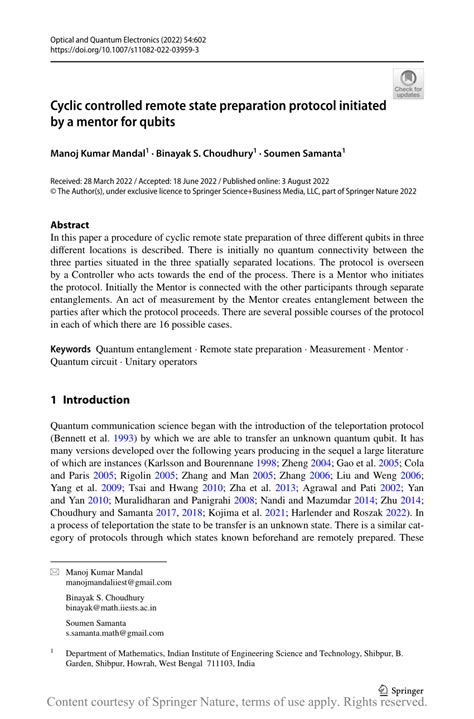 Cyclic Controlled Remote State Preparation Protocol Initiated By A Mentor For Qubits Request Pdf
