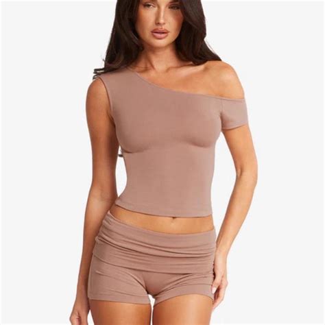 Csb One Shoulder Capped Sleeve Top In Walnut Size Depop