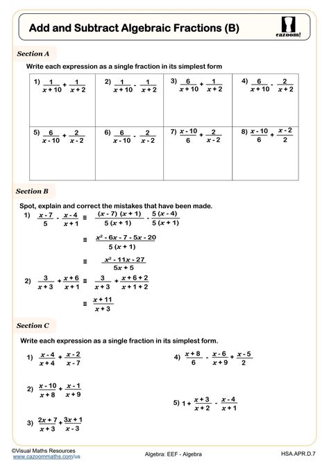 Add And Subtract Algebraic Fractions B Worksheet Fun And Engaging
