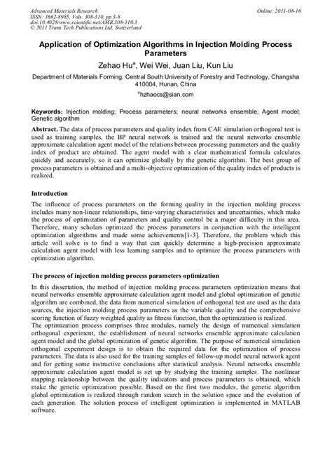 Application Of Optimization Algorithms In Injection Molding Process Parameters Scientificnet