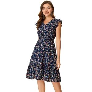 Allegra K Womens Floral Flutter Sleeves V Neck Smocked Ruffle