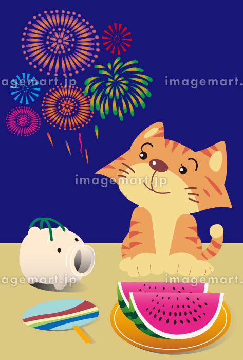 花火と猫と夏の風物詩の暑中見舞い状のイラスト素材 167689011 イメージマート