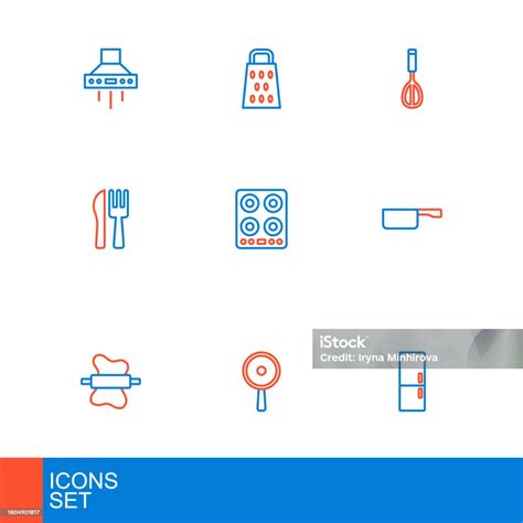 세트 라인 냉장고 프라이팬 반죽에 롤링 핀 교차 나이프와 포크 가스 렌지 주방 거품기 및 강판 아이콘 벡터 가열장치에 대한 스톡