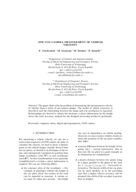 Pdf One Ccd Camera Measurement Of Vehicle Velocity