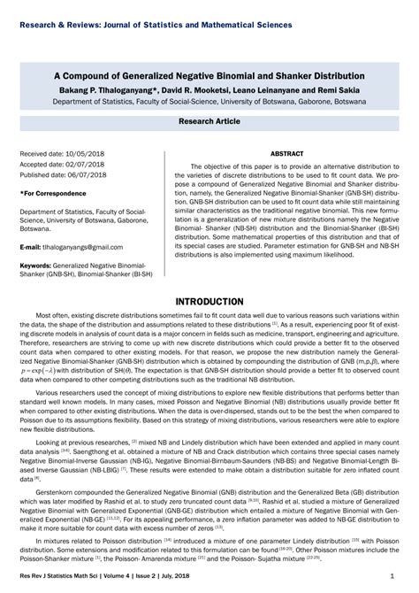 Pdf A Compound Of Generalized Negative Binomial And Shanker Distribution