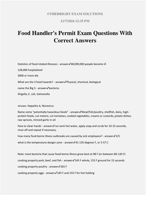 Food Handlers Permit Exam Questions With Correct Answers Food