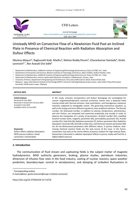 Pdf Unsteady Mhd On Convective Flow Of A Newtonian Fluid Past An