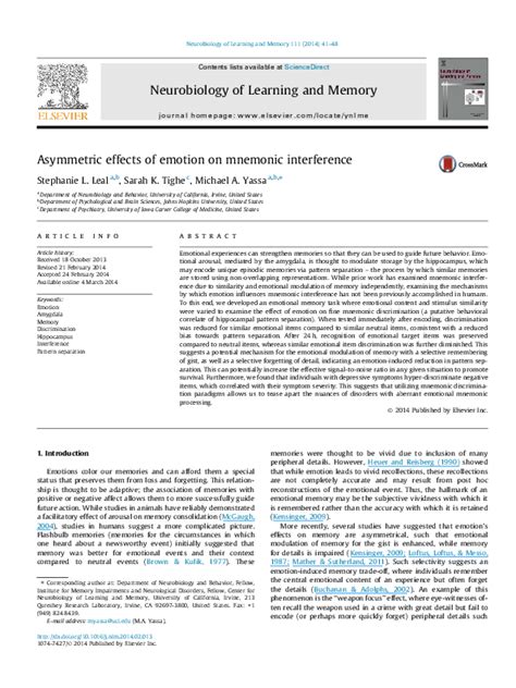 Pdf Asymmetric Effects Of Emotion On Mnemonic Interference