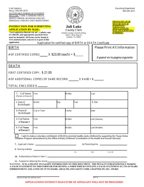 Denton County Texas Application For Certified Copy Of Birth Or Death