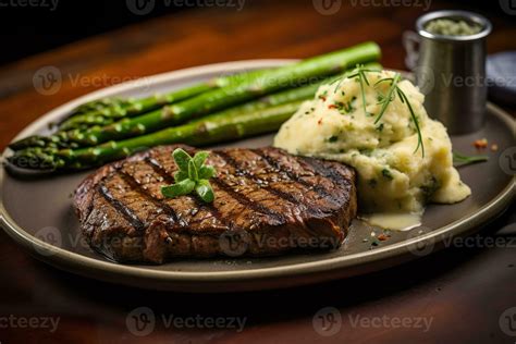 Ai Generated Grilled Ribeye Steak Steak With Asparagus And Mashed