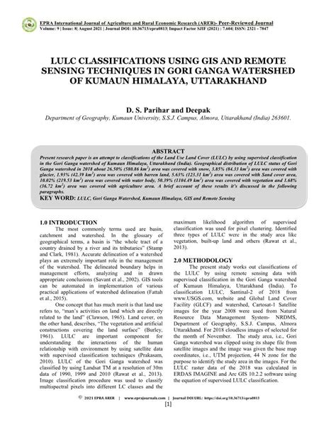Lulc Classifications Using Gis And Remote Sensing Techniques In Gori Ganga Watershed Of Kumaun