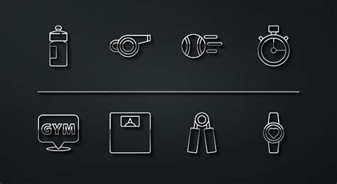 세트 라인 피트니스 셰이커 위치 체육관 스톱워치 스포츠 익스팬더 욕실 저울 휘파람 스마트 워치 및 테니스 볼 아이콘 벡터 건강한 생활방식에 대한 스톡 벡터 아트 및 기타