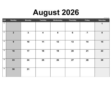 Download Your Free August 2026 Calendar Available In Pdf Png And