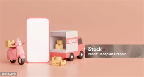 온라인 배달 개념입니다 트럭 배달 서비스 및 운송 3d 렌더링 그림입니다 만화 주황색 자동차와 빈 흰색 화면이 있는 큰 전화기 3차원 형태에 대한 스톡 사진 및 기타 이미지