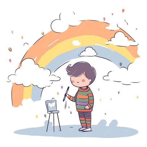 만화 스타일로 무지개를 그리는 귀여운 작은 소년 프리미엄 벡터