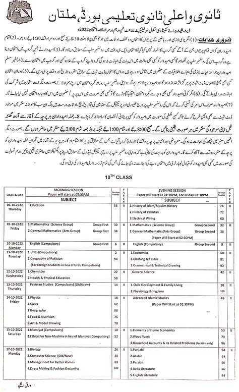 Bise Multan Board Ssc 10th Class 2nd Annual Exam Date Sheet 2022