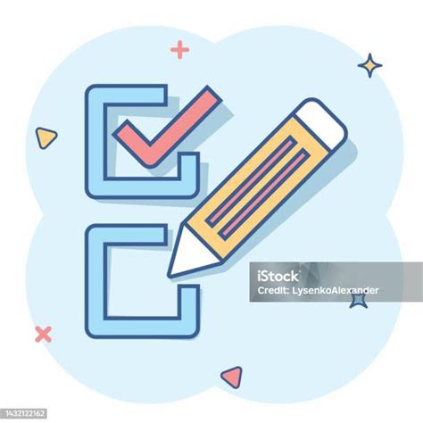 만화 스타일의 체크리스트 문서 기호 아이콘입니다 흰색 고립 된 배경에 설문 조사 벡터 만화 그림입니다 체크 마크 배너 비즈니스 개념 스플래시 효과 검사 보기에 대한 스톡