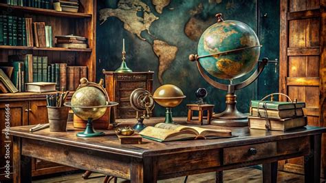 Retro Style Wooden Desk Cluttered With Antique Globes Vintage Scientific Equipment And Worn