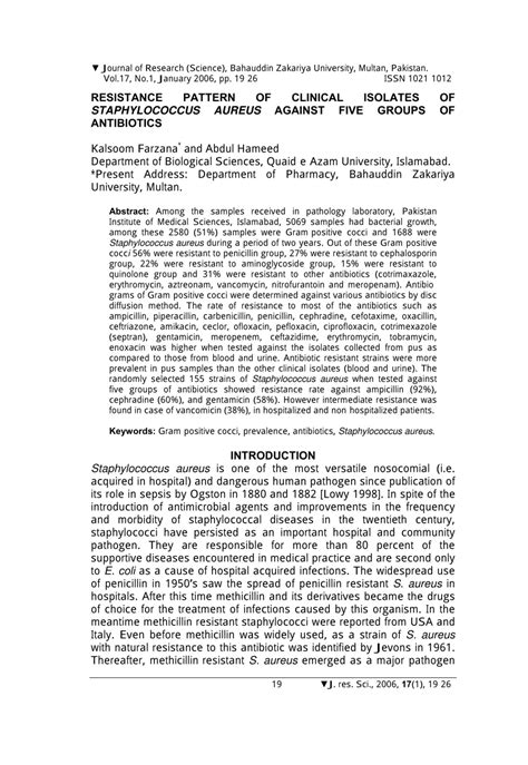 Pdf Resistance Pattern Of Antibiotics Against Clinical Isolates Of Staphylococcus Aureus
