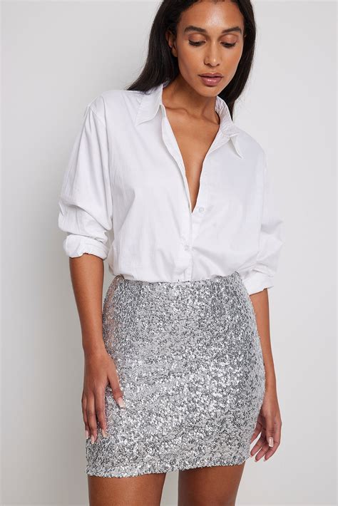 Fitted Sequin Mini Skirt Silver Na