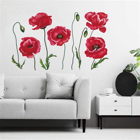 Decalmile Wandtattoo Mohnblume Blume Rote Wandsticker Pflanzen Wandaufkleber Schlafzimmer